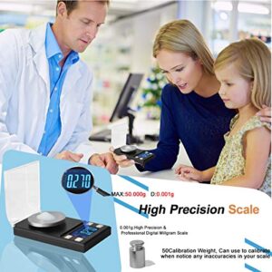 Digital Pocket Scale 50 x 0.001g, Mini Jewelry Gold Lab Carat Powder Weigh Scales with Calibration Weights Tweezers, Weighing Pans, LCD Display