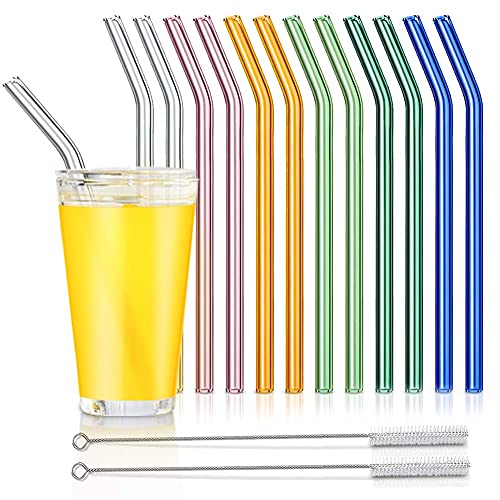 Reusable Glass Straws, Reusable Bent Glass Drinking Straws with 2 Cleaning Brushes, Reusable Straws for Smoothies, Milkshakes, Juice(Multicolor, 12 Pack)