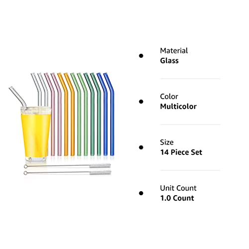 Reusable Glass Straws, Reusable Bent Glass Drinking Straws with 2 Cleaning Brushes, Reusable Straws for Smoothies, Milkshakes, Juice(Multicolor, 12 Pack)