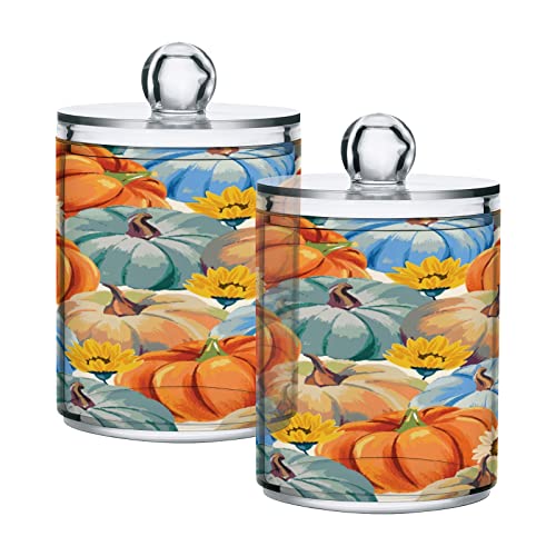 Kigai Pumpkin and Sunflower Qtip Holder Dispenser - 14OZ Clear Plastic Apothecary Jars Food Storage Jar with Lids Bathroom Canister Organizer for Coffee, Tea, Candy, Floss (2Pack)