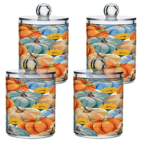 Kigai Pumpkin and Sunflower Qtip Holder Dispenser - 14OZ Clear Plastic Apothecary Jars Food Storage Jar with Lids Bathroom Canister Organizer for Coffee, Tea, Candy, Floss (2Pack)