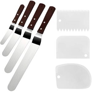 cake icing spatula set of 4 packs(10"+8"+6"+4") and cake smoother scraper set of 3 packs, professional stainless steel offset spatula with wooden handle