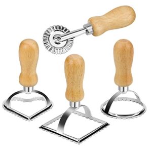 tacgea ravioli stamp maker cutter with roller wheel (set of 4), wooden handle and fluted edge, for ravioli, pasta, dumplings lasagna, pierogi