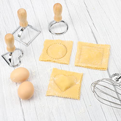 TACGEA Ravioli Stamp Maker Cutter with Roller Wheel (Set of 4), Wooden Handle and Fluted Edge, for Ravioli, Pasta, Dumplings Lasagna, Pierogi