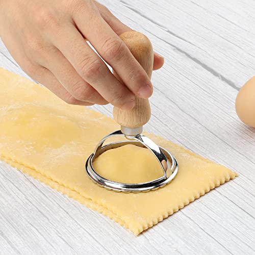 TACGEA Ravioli Stamp Maker Cutter with Roller Wheel (Set of 4), Wooden Handle and Fluted Edge, for Ravioli, Pasta, Dumplings Lasagna, Pierogi