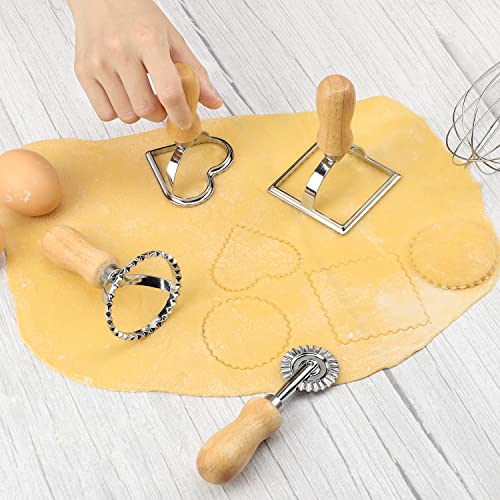 TACGEA Ravioli Stamp Maker Cutter with Roller Wheel (Set of 4), Wooden Handle and Fluted Edge, for Ravioli, Pasta, Dumplings Lasagna, Pierogi