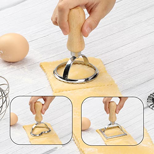 TACGEA Ravioli Stamp Maker Cutter with Roller Wheel (Set of 4), Wooden Handle and Fluted Edge, for Ravioli, Pasta, Dumplings Lasagna, Pierogi