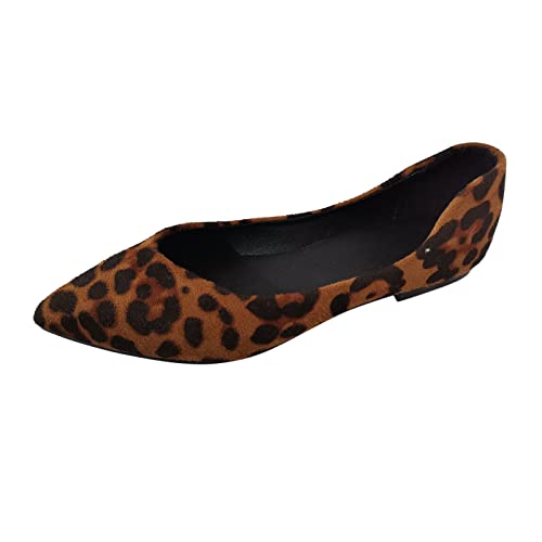 Ladies Fashion Leopard Print Suede Pointed Shallow Comfortable Flat Casual Shoes Ladies Dress Sandals Shoes (Brown, 8.5)