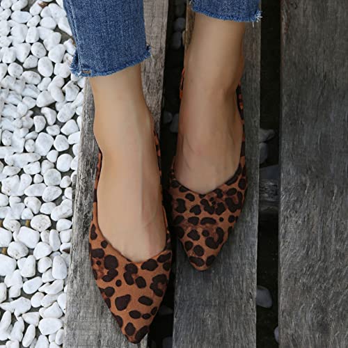 Ladies Fashion Leopard Print Suede Pointed Shallow Comfortable Flat Casual Shoes Ladies Dress Sandals Shoes (Brown, 8.5)