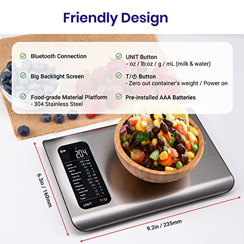 Etekcity Food Kitchen Scale, Digital Grams and Ounces for Weight Loss With Smart Nutrition App, 19 Facts Tracking, Baking, Cooking, Portion Control, Macro, Keto, 11 Pounds-Large, Stainless Steel