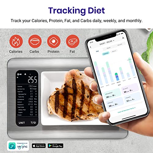 Etekcity Food Kitchen Scale, Digital Grams and Ounces for Weight Loss With Smart Nutrition App, 19 Facts Tracking, Baking, Cooking, Portion Control, Macro, Keto, 11 Pounds-Large, Stainless Steel