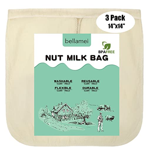 Bellamei Nut Milk Bag 3 Pack 14"x14" Organic Unbleached Cotton Reusable Cheesecloth Bags for Straining Almond Milk Juice Cold Brew Tea Cheese making Celery Juice Nut Bag