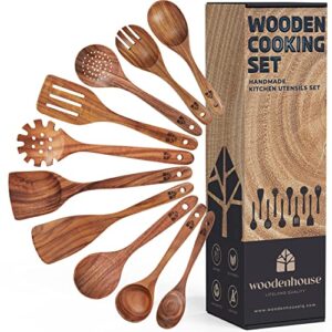 wooden spoons for cooking, 10 pcs teak wood cooking utensil set - wooden kitchen utensils for nonstick pans & cookware - sturdy, lightweight & heat resistant