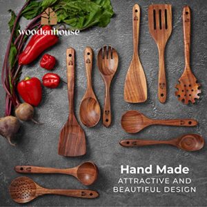 Wooden Spoons for Cooking, 10 Pcs Teak Wood Cooking Utensil Set - Wooden Kitchen Utensils for Nonstick Pans & Cookware - Sturdy, Lightweight & Heat Resistant