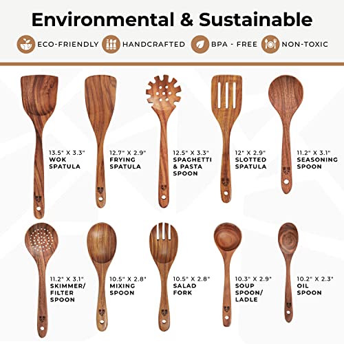 Wooden Spoons for Cooking, 10 Pcs Teak Wood Cooking Utensil Set - Wooden Kitchen Utensils for Nonstick Pans & Cookware - Sturdy, Lightweight & Heat Resistant