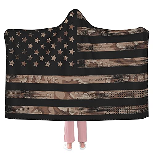 American Flag Desert Camo Hooded Blanket Wearable Blanket Hoodie Microfiber Soft Knitted Plush Bedding for Kids Men Women