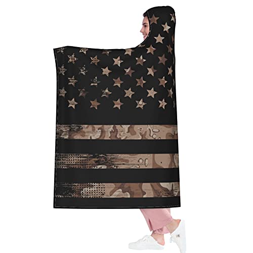 American Flag Desert Camo Hooded Blanket Wearable Blanket Hoodie Microfiber Soft Knitted Plush Bedding for Kids Men Women