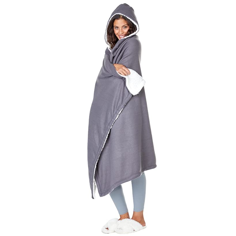 The Lakeside Collection Hooded Fleece & Sherpa Lined Wearable Throw Blanket - Charcoal