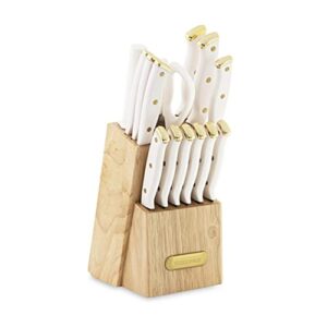 farberware 15-piece triple riveted knife block set, high carbon-stainless steel kitchen knives, razor-sharp knife set with wood block, white and gold