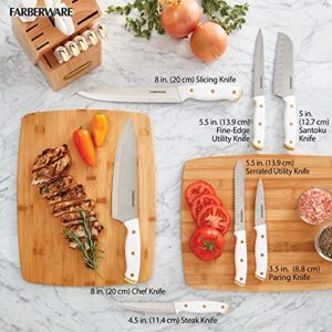 Farberware 15-Piece Triple Riveted Knife Block Set, High Carbon-Stainless Steel Kitchen Knives, Razor-Sharp Knife Set with Wood Block, White and Gold