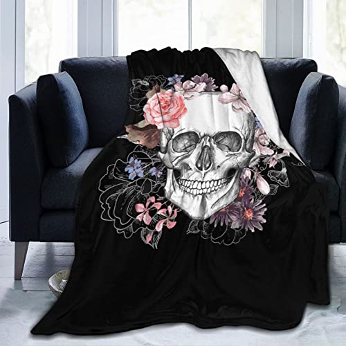 Pink Rose and Skull Throw Blanket Plush Flannel Bed Sofa Couch Office Home Women Men Soft Warm Lightweight 50 x 60 inches