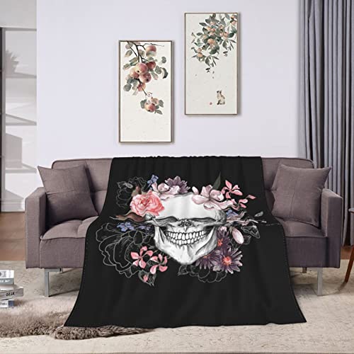 Pink Rose and Skull Throw Blanket Plush Flannel Bed Sofa Couch Office Home Women Men Soft Warm Lightweight 50 x 60 inches