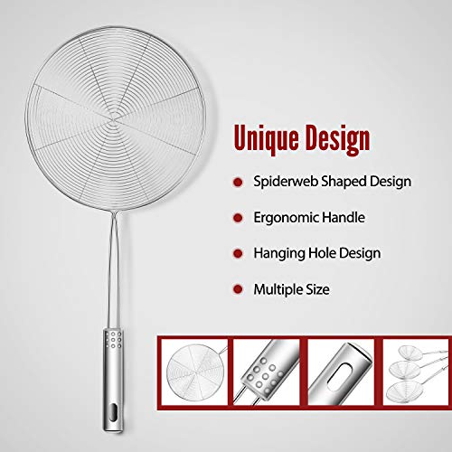 Hiware Extra Large Spider Strainer Skimmer Spoon for Frying and Cooking - Set of 3 Stainless Steel Wire Pasta Strainer with Long Handle, Professional Kitchen Skimmer Ladle - 13.8", 15" & 16.4"