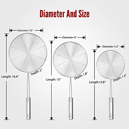 Hiware Extra Large Spider Strainer Skimmer Spoon for Frying and Cooking - Set of 3 Stainless Steel Wire Pasta Strainer with Long Handle, Professional Kitchen Skimmer Ladle - 13.8", 15" & 16.4"