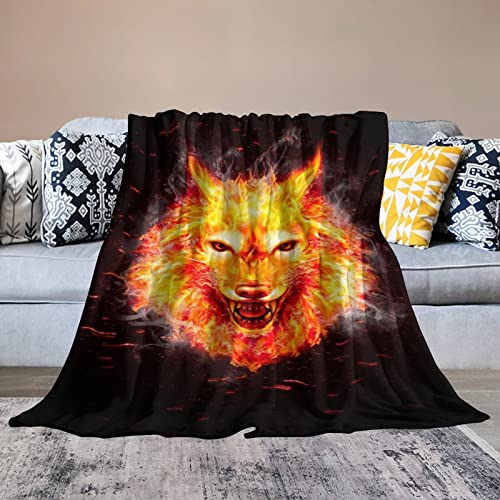 Fire Flaming Wolf Throw Blanket for Couch Bed Flannel Lap Blanket Lightweight Cozy Plush Blanket for All Seasons 40"x60"