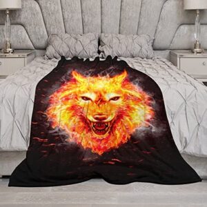 Fire Flaming Wolf Throw Blanket for Couch Bed Flannel Lap Blanket Lightweight Cozy Plush Blanket for All Seasons 40"x60"