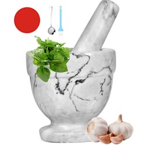 Mortar and Pestle Marble Set for Spices Pestos Seasonings Pastes Guacamole Bowl Herb Grinder Easy to Clean Included:Silicone Mat,Brush,Stainless Steel Spoon 4.33inch(Small,White Gray)