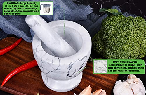 Mortar and Pestle Marble Set for Spices Pestos Seasonings Pastes Guacamole Bowl Herb Grinder Easy to Clean Included:Silicone Mat,Brush,Stainless Steel Spoon 4.33inch(Small,White Gray)