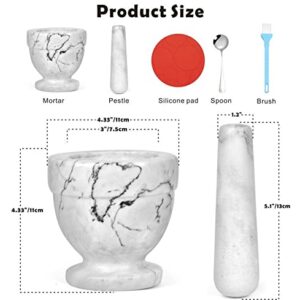 Mortar and Pestle Marble Set for Spices Pestos Seasonings Pastes Guacamole Bowl Herb Grinder Easy to Clean Included:Silicone Mat,Brush,Stainless Steel Spoon 4.33inch(Small,White Gray)