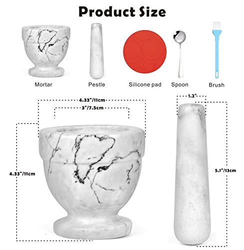 Mortar and Pestle Marble Set for Spices Pestos Seasonings Pastes Guacamole Bowl Herb Grinder Easy to Clean Included:Silicone Mat,Brush,Stainless Steel Spoon 4.33inch(Small,White Gray)