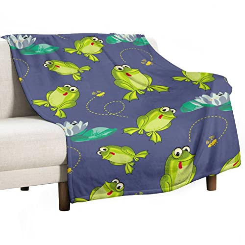 Frog in Lotus Pond Throw Blanket for Couch Bed Flannel Lap Blanket Lightweight Cozy Plush Blanket for All Seasons 50"x70"