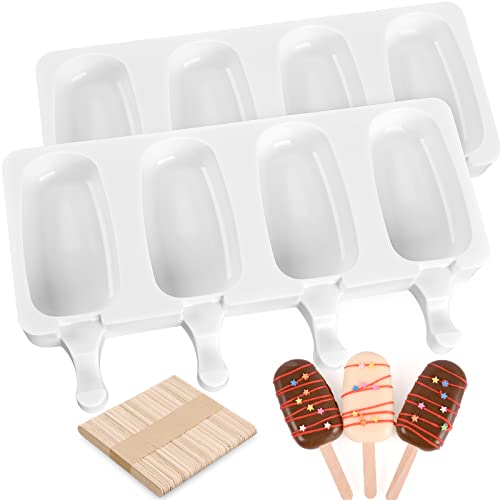 WMKGG Popsicle Silicone Molds Set, 2 PCS Ice Cream Molds with 50 Wooden Sticks for Cake Pop, Ice Pop, Cakesicles, (Standard Size/White)