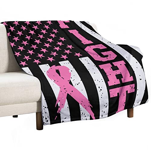 Fight Pink Ribbon USA Flag Throw Blanket for Couch Bed Flannel Lap Blanket Lightweight Cozy Plush Blanket for All Seasons 40"x60"