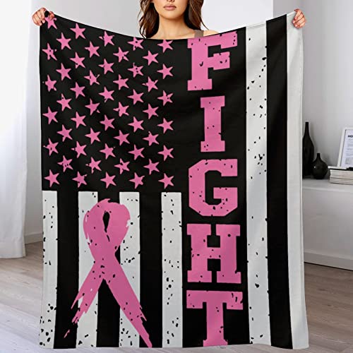 Fight Pink Ribbon USA Flag Throw Blanket for Couch Bed Flannel Lap Blanket Lightweight Cozy Plush Blanket for All Seasons 40"x60"