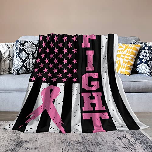 Fight Pink Ribbon USA Flag Throw Blanket for Couch Bed Flannel Lap Blanket Lightweight Cozy Plush Blanket for All Seasons 40"x60"