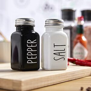 Bivvclaz Salt and Pepper Shakers Set, Cute Glass Spice Shaker with Stainless Steel Lid, Black and White Kitchen Table Decor and Accessories for Counter, for Kitchen Wedding Gifts, 2.7oz Each