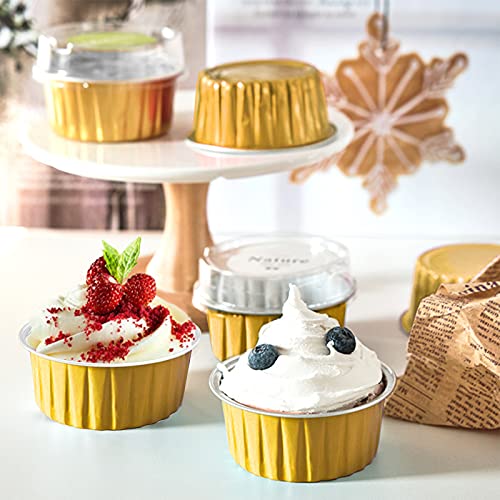 DEAYOU 100-Pack Aluminum Foil Baking Cups with Lids, 5oz Disposable Muffin Cupcake Ramekins, 3" Recyclable Cupcake Foil Liners Mini Tart Pie Tin Pan Holder for Souffle, Pudding, Party, Wedding, Gold