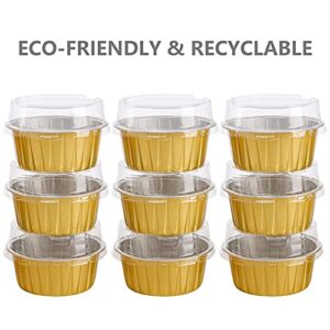 DEAYOU 100-Pack Aluminum Foil Baking Cups with Lids, 5oz Disposable Muffin Cupcake Ramekins, 3" Recyclable Cupcake Foil Liners Mini Tart Pie Tin Pan Holder for Souffle, Pudding, Party, Wedding, Gold