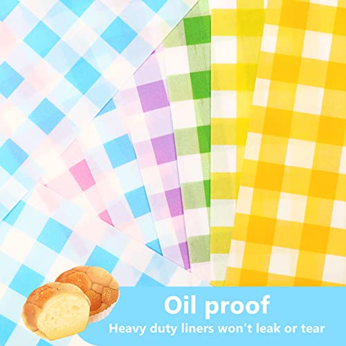 Whaline 240Pcs Plaid Wax Paper Checkered Greaseproof Waterproof Paper Liners 6 Colors Food Wrapping Paper Basket Liner Sandwich Paper Wraps for BBQ Picnic Festival Party Fast Food, 12 x 12 Inch