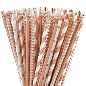 alink biodegradable rose gold paper straws bulk, pack of 100 metallic foil striped/wave/heart straws for birthday, wedding, bridal/baby shower, christmas decorations and party supplies