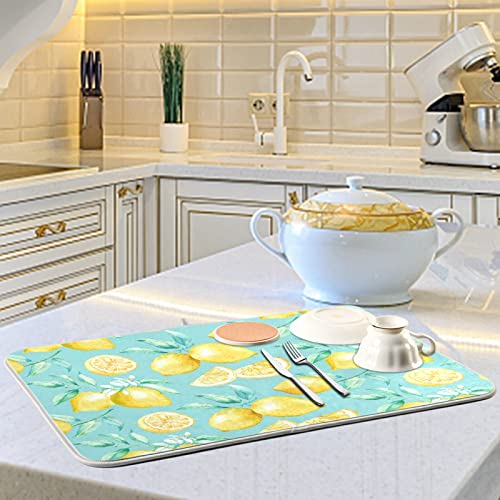 Absorbent Dish Drying Mat for Kitchen Counter - Yellow lemon teal background Microfiber Drying Pad, Reversible Drainer Mats for Countertop, Large 16 x 18 inch