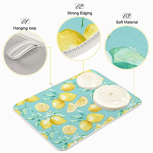 Absorbent Dish Drying Mat for Kitchen Counter - Yellow lemon teal background Microfiber Drying Pad, Reversible Drainer Mats for Countertop, Large 16 x 18 inch