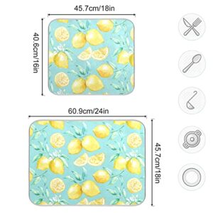 Absorbent Dish Drying Mat for Kitchen Counter - Yellow lemon teal background Microfiber Drying Pad, Reversible Drainer Mats for Countertop, Large 16 x 18 inch