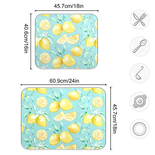 Absorbent Dish Drying Mat for Kitchen Counter - Yellow lemon teal background Microfiber Drying Pad, Reversible Drainer Mats for Countertop, Large 16 x 18 inch