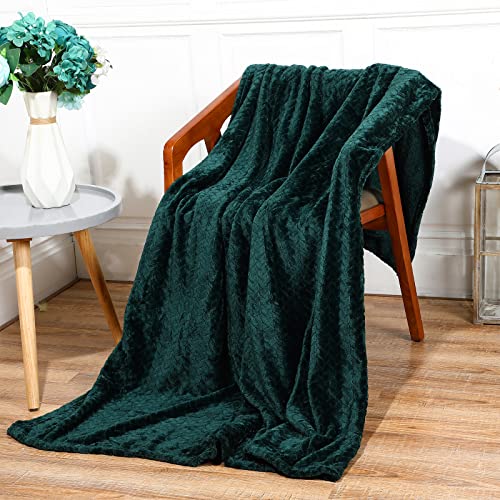 4 Pcs Large Soft Fleece Throw Blanket 50 x 70 Inch Jacquard Weave Leaves Pattern Blanket Lightweight Cozy Flannel Blanket for Most Season Sofa Bed Couch Warm Decorative Washable Blanket (Dark Green)