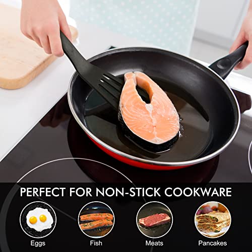 HOTEC Heat Resistant Silicone Slotted Fish Turner Spatula Set Flipper Spatulas for Cooking Non Stick Cookware Strong Dishwasher Safe Black